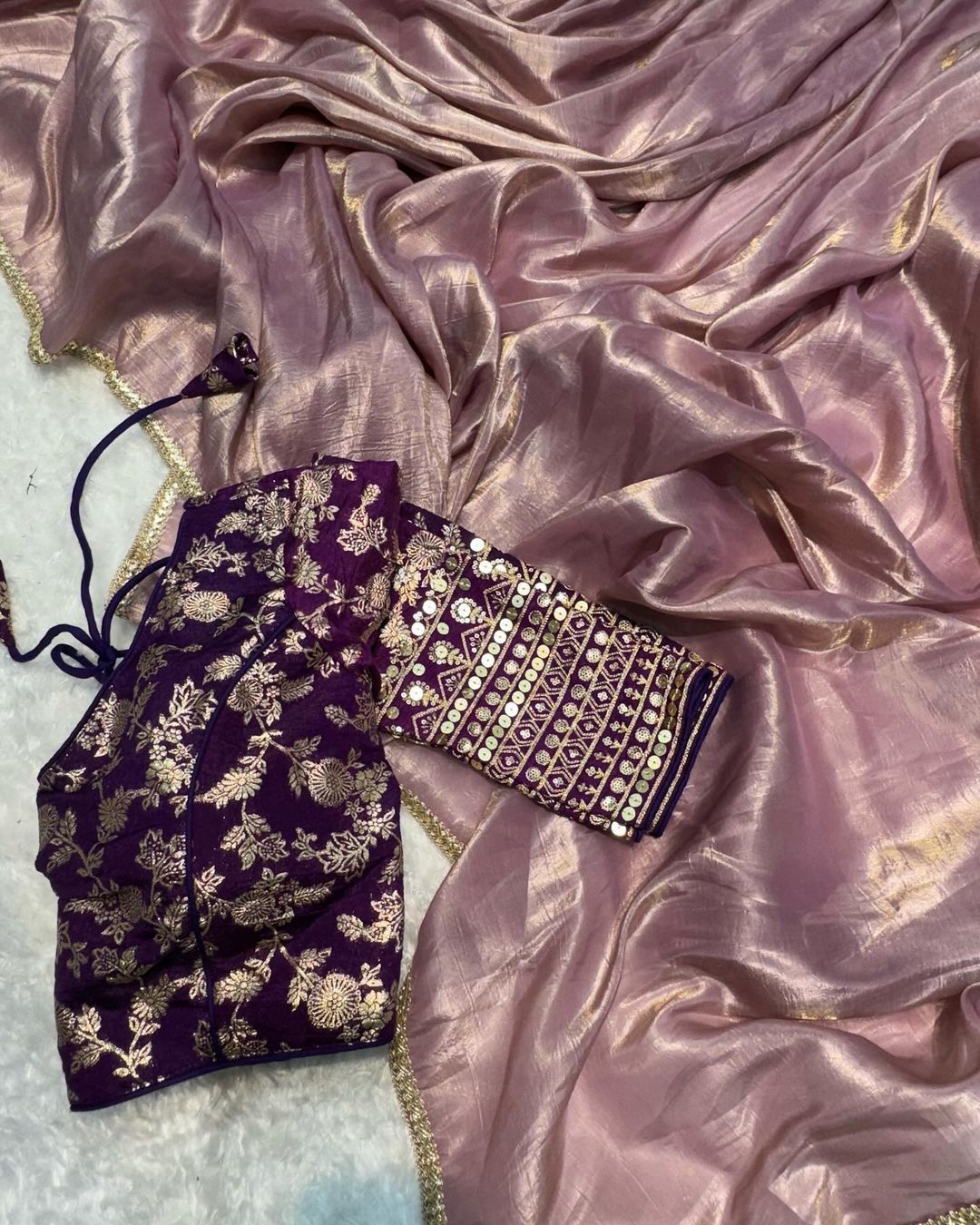 Stitched Work Blouse & Crush Silk Saree With Fancy Lace Border ...