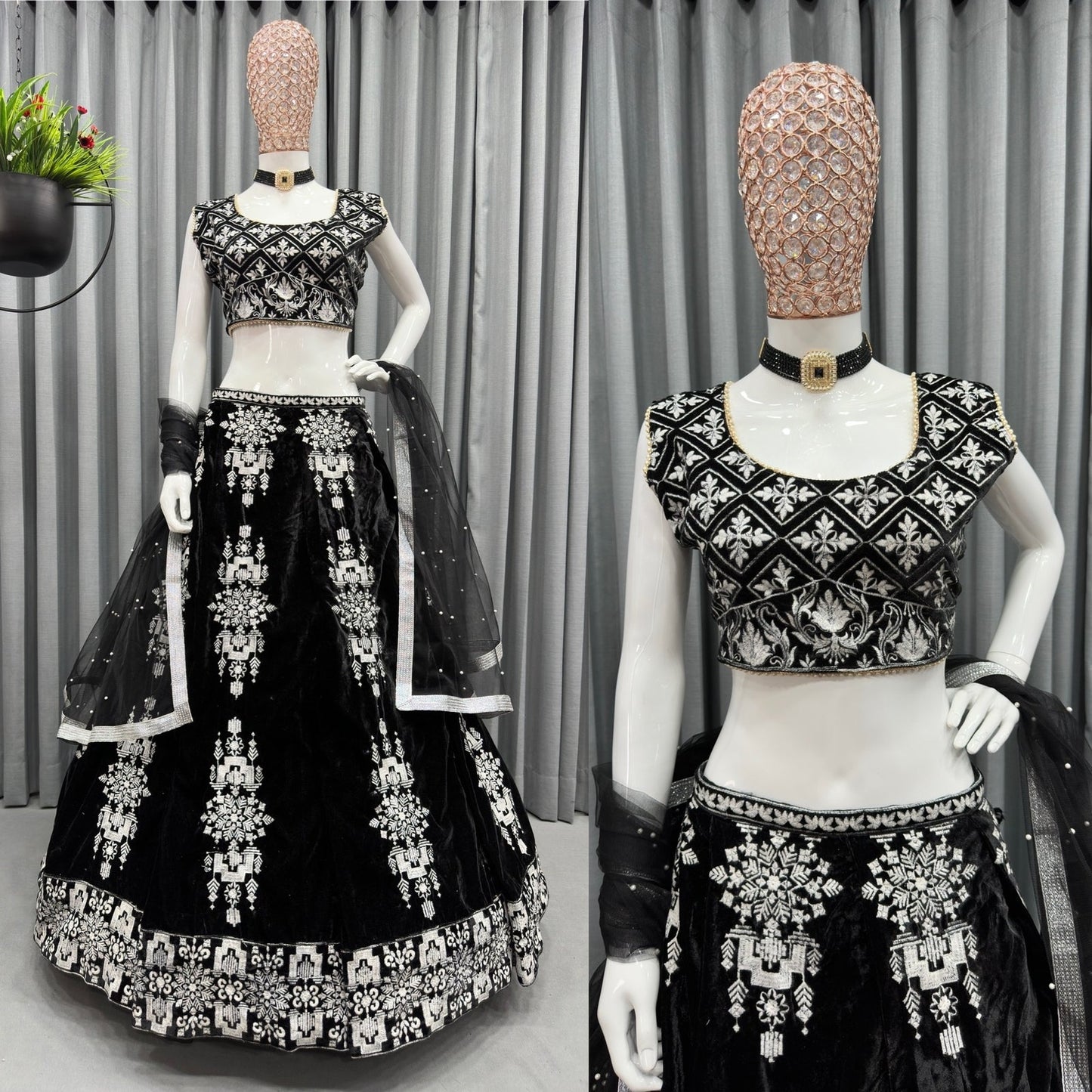 Function Wear Black Velvet White Thread Embroidered Semi Stitched Lehe ...