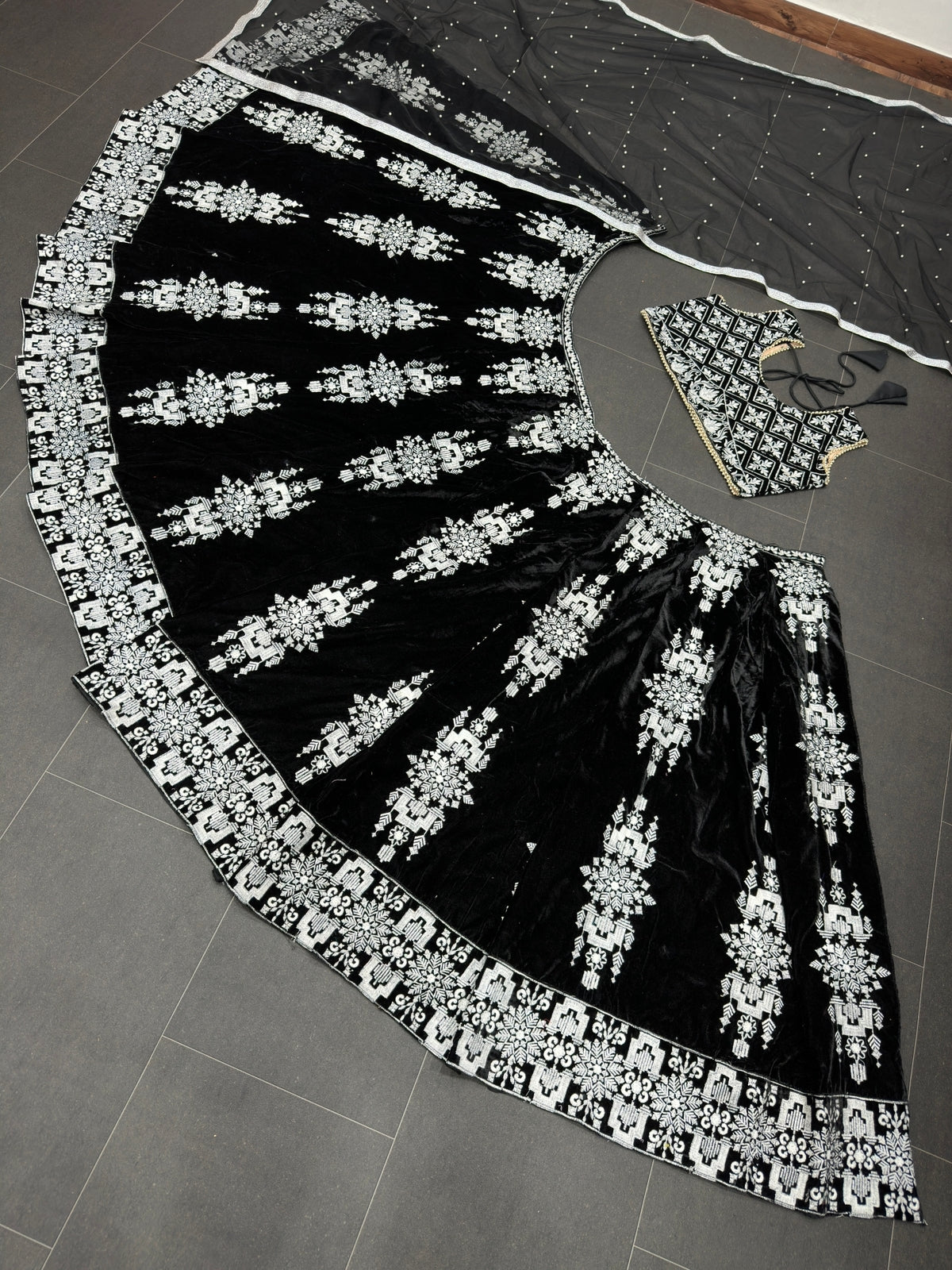 Function Wear Black Velvet White Thread Embroidered Semi Stitched Lehe ...